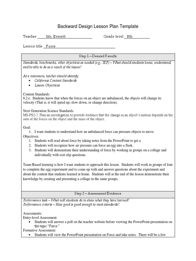 Backward Design Lesson Plan Template: Teacher Mr. Everett Grade Level ...