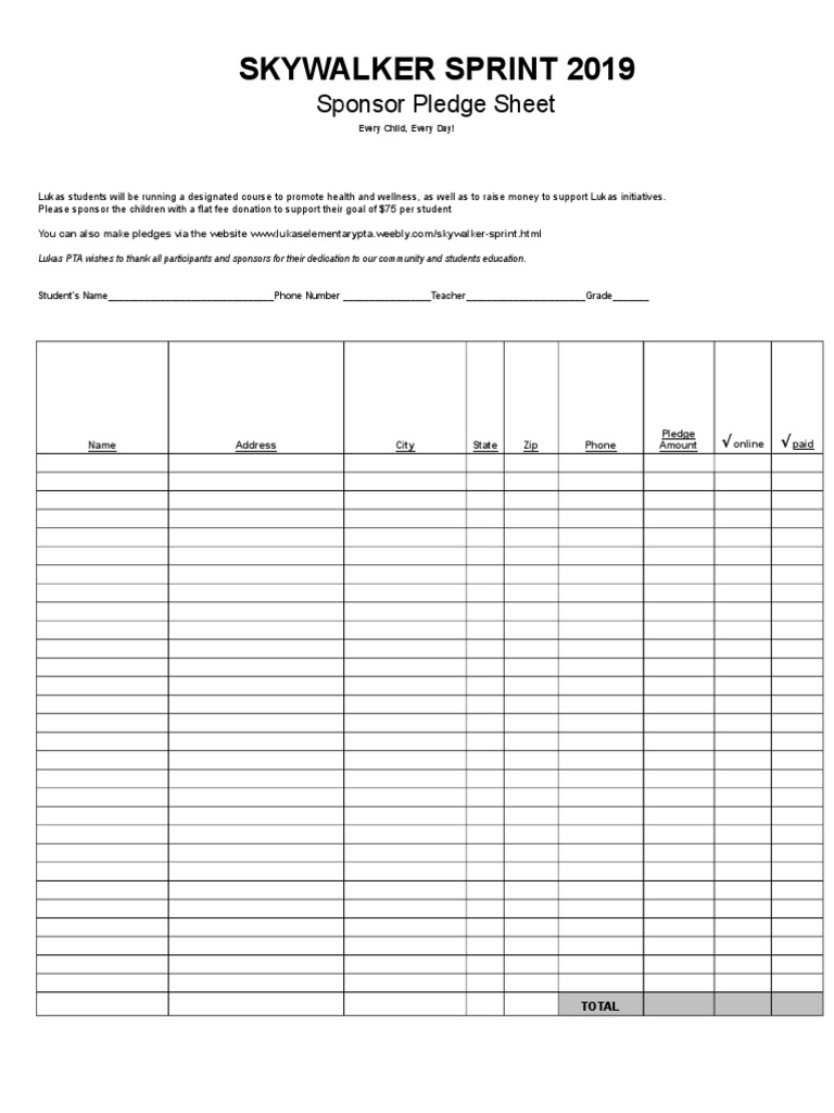 Skywalker Sprint 2019: Sponsor Pledge Sheet | PDF
