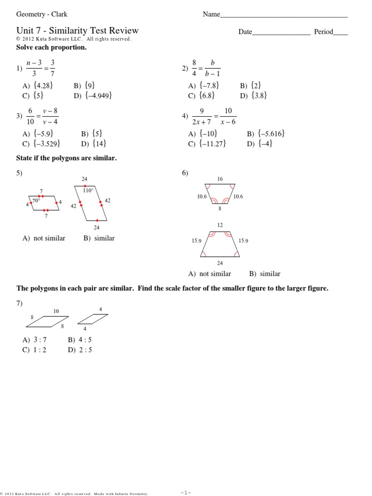 Unit 7 - Similiarity Test Review | PDF | Polytopes | Triangle Geometry