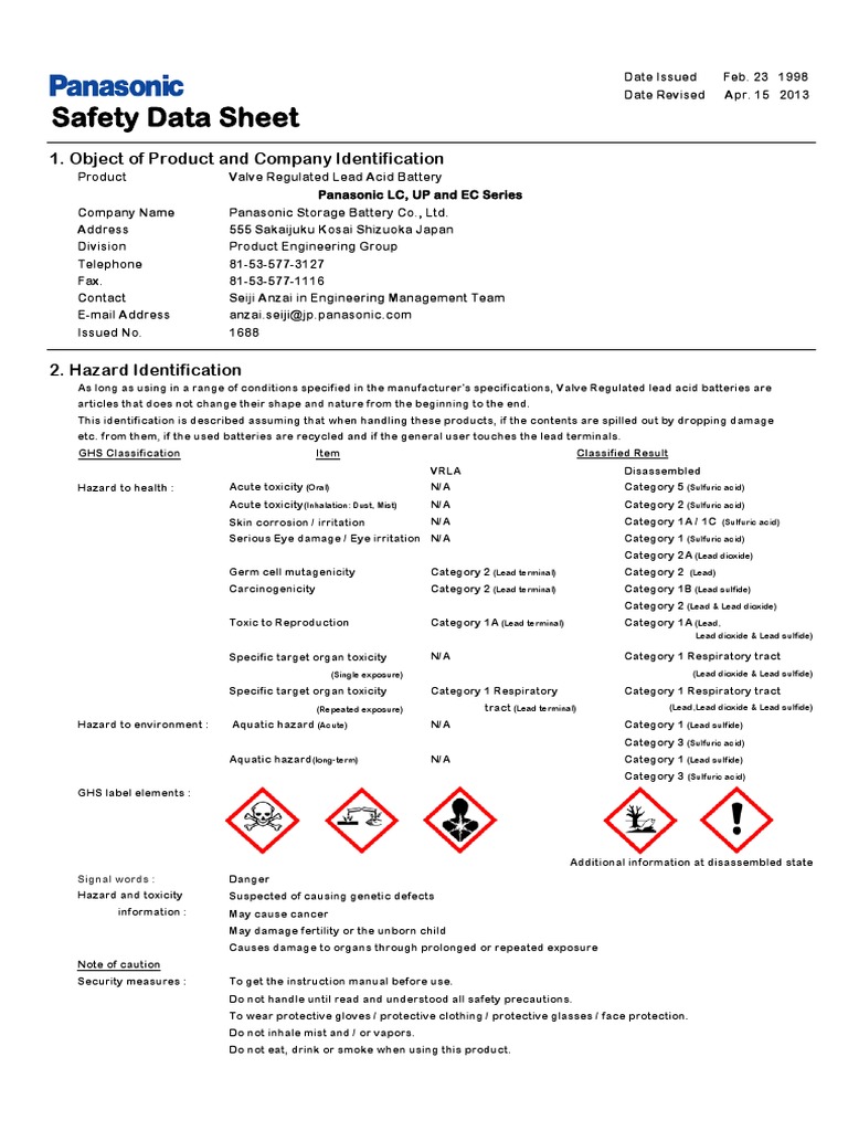 Safety Data Sheet for Panasonic Valve Regulated Lead Acid Batteries ...