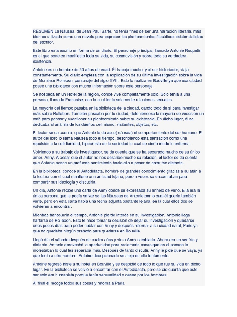 Resumen La Náusea | PDF