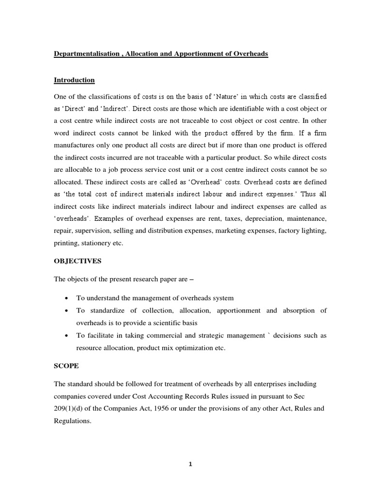 Departmentalisation, Allocation and Apportionment of Overheads | PDF ...