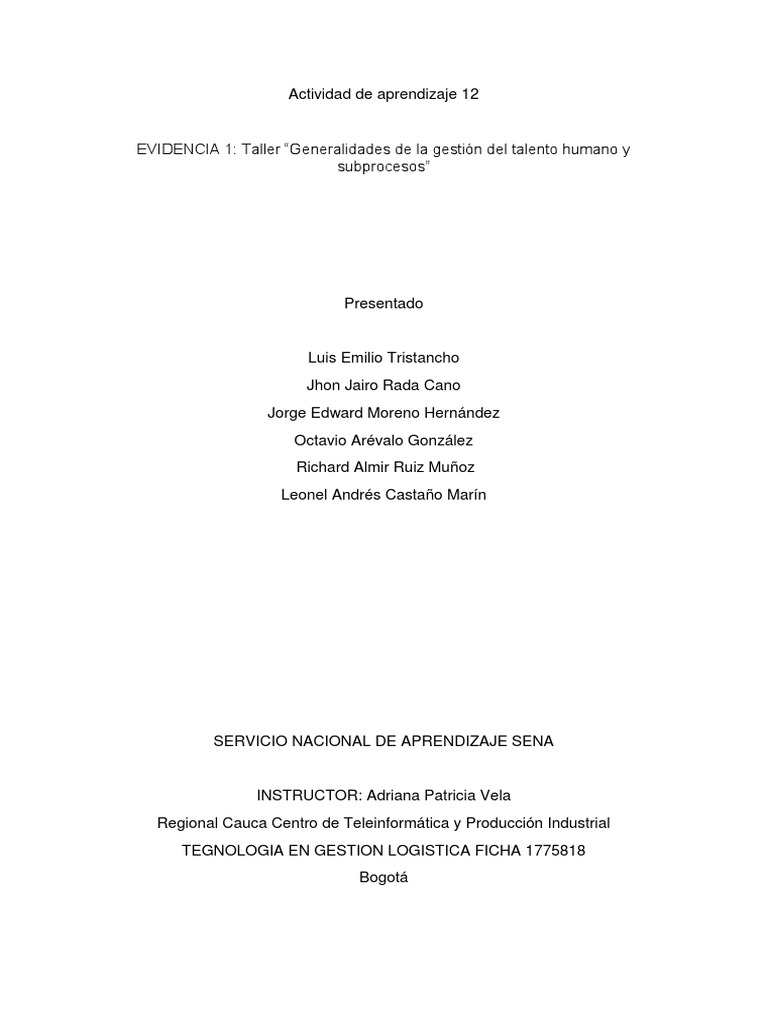 Actividad de Aprendizaje 12 Evidencia 1 Taller Generalidades de La Gestion Del Talento Humano y ...