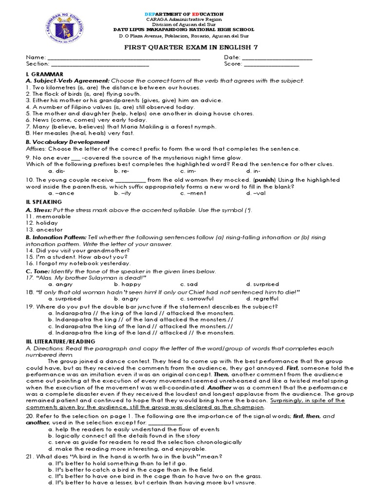 English 7 First Quarter Exam Sample | PDF | Verb | Hero