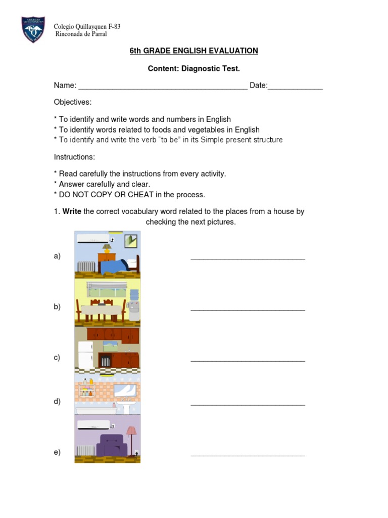 6Th Grade English Evaluation Content: Diagnostic Test.: Colegio ...