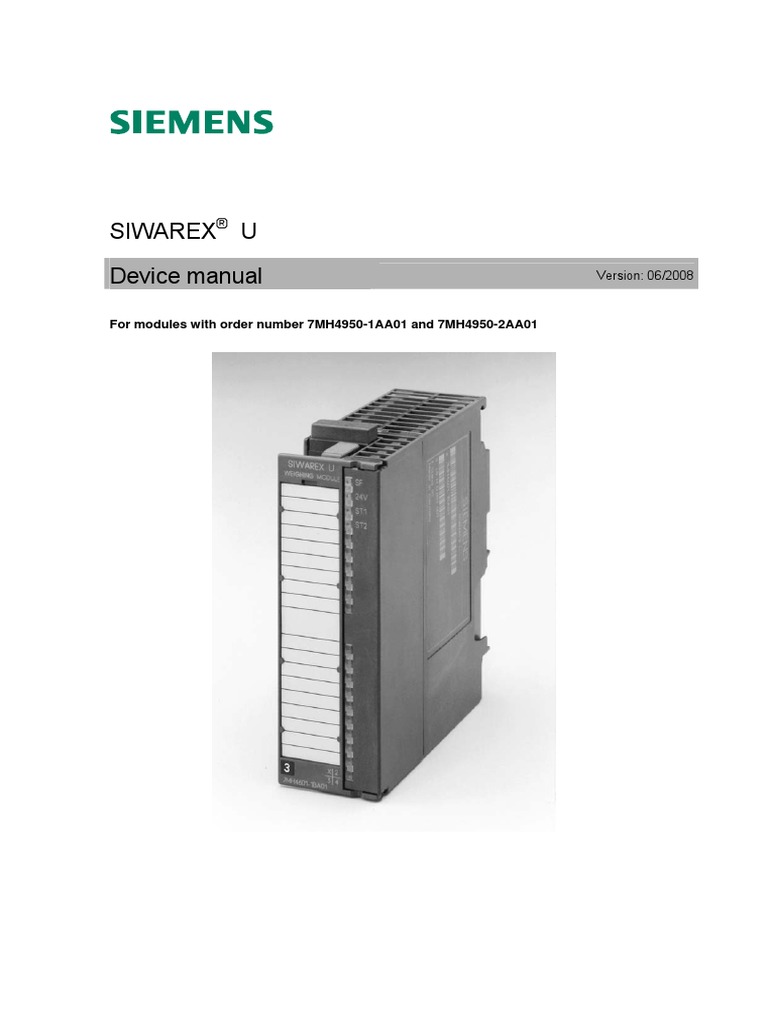 Siwarex U Device Manual: For Modules With Order Number 7MH4950-1AA01 ...