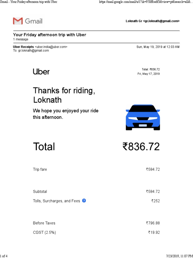 Your Friday Afternoon Trip with Uber - Receipt and Details for Trip on ...