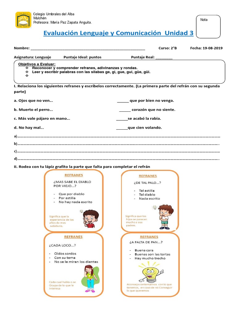 Prueba de Lenguaje, Refranes, Adivinanzas, Rondas... | PDF