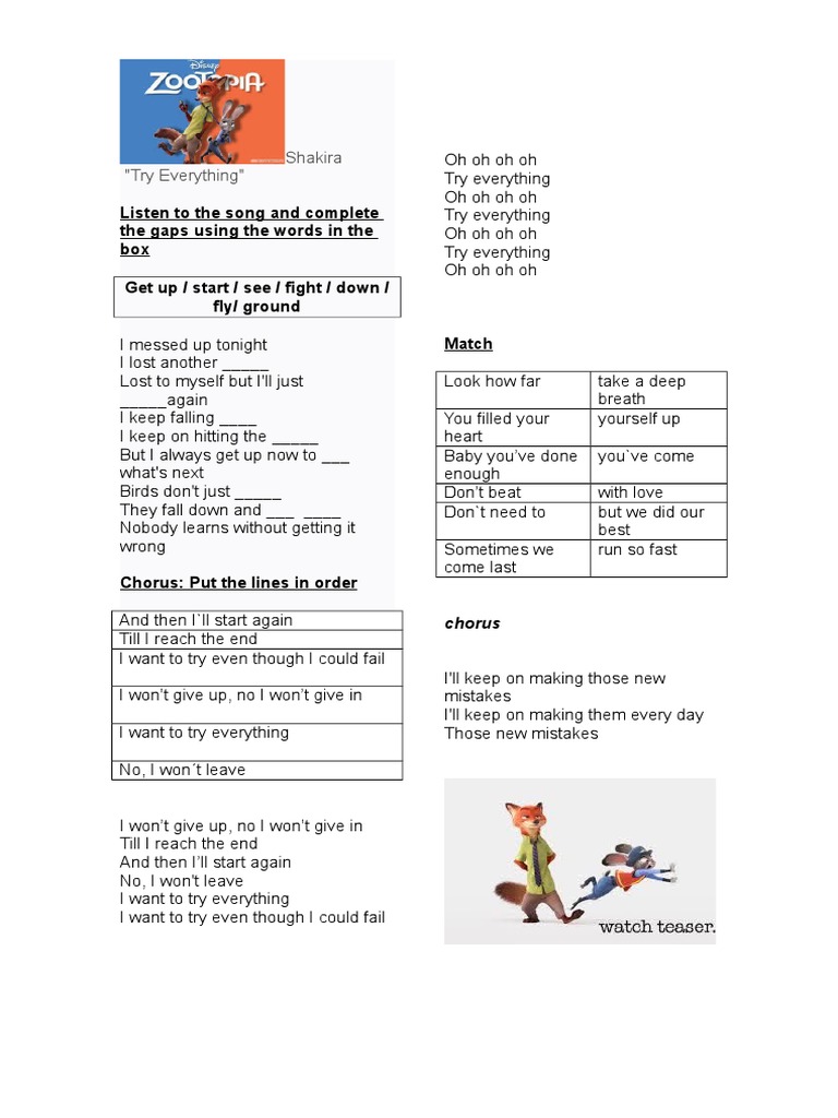 Shakira's "Try Everything" Lyrics Worksheet | PDF | Language Arts ...