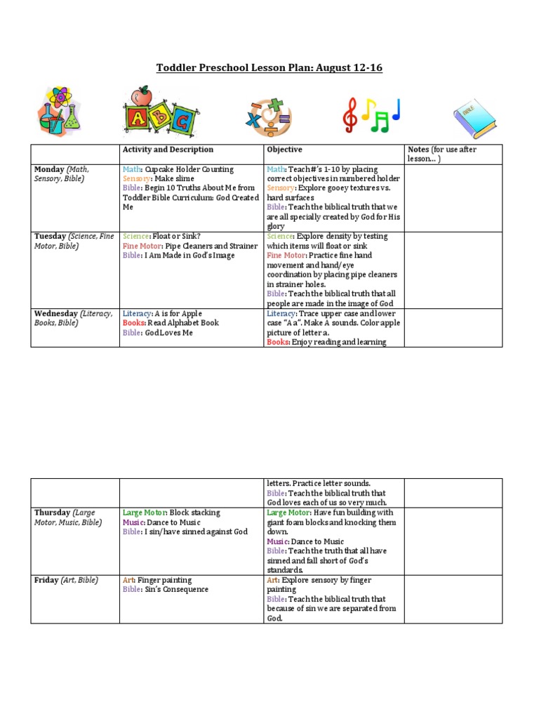 Toddler Preschool Lesson Plan: August 12-16: Activity and Description ...