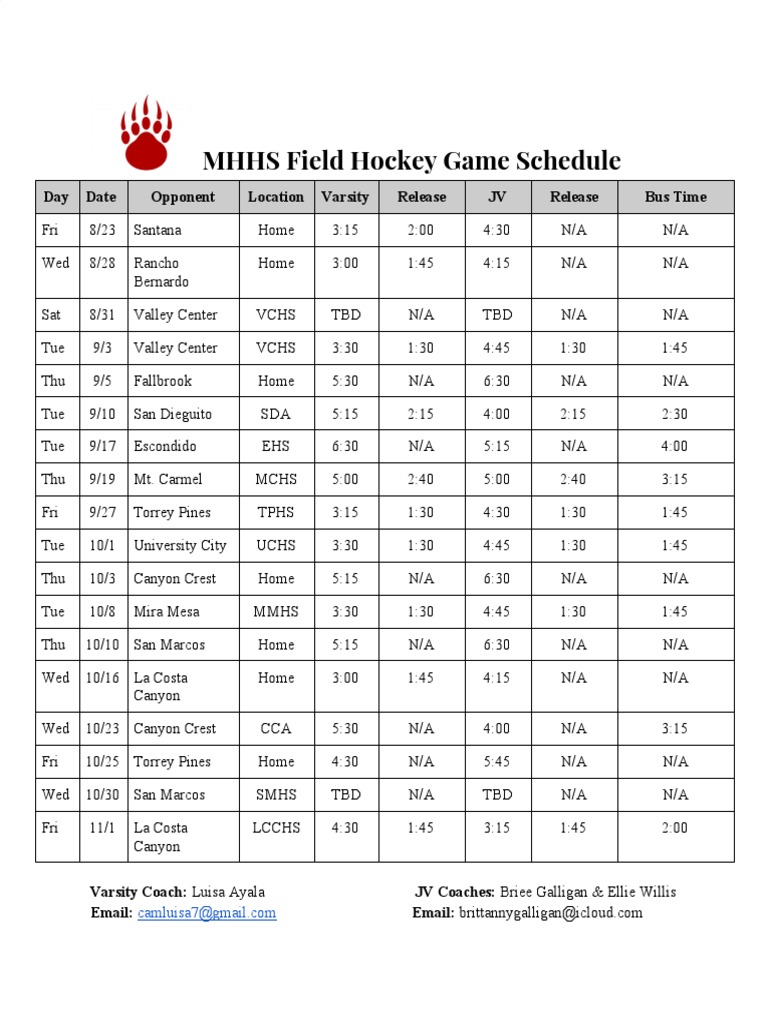 Mhhs Field Hockey Game Schedule 2 | PDF