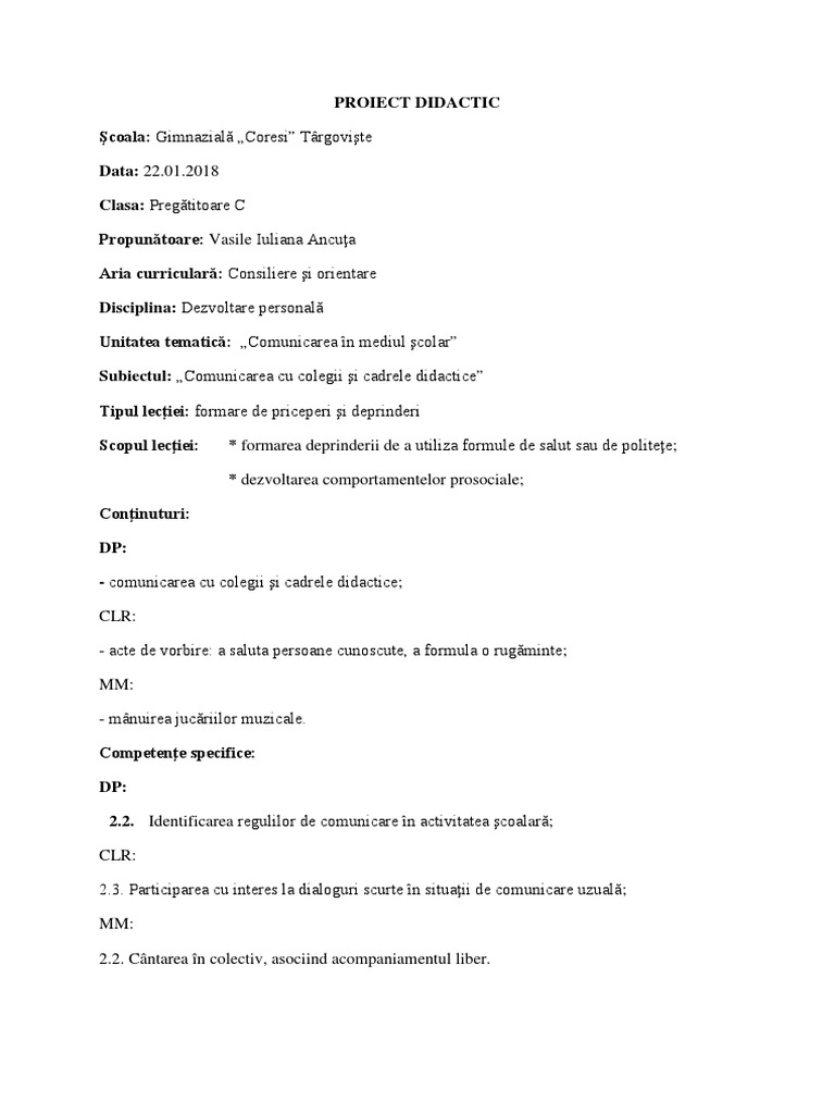 Proiect Didactic DP | PDF