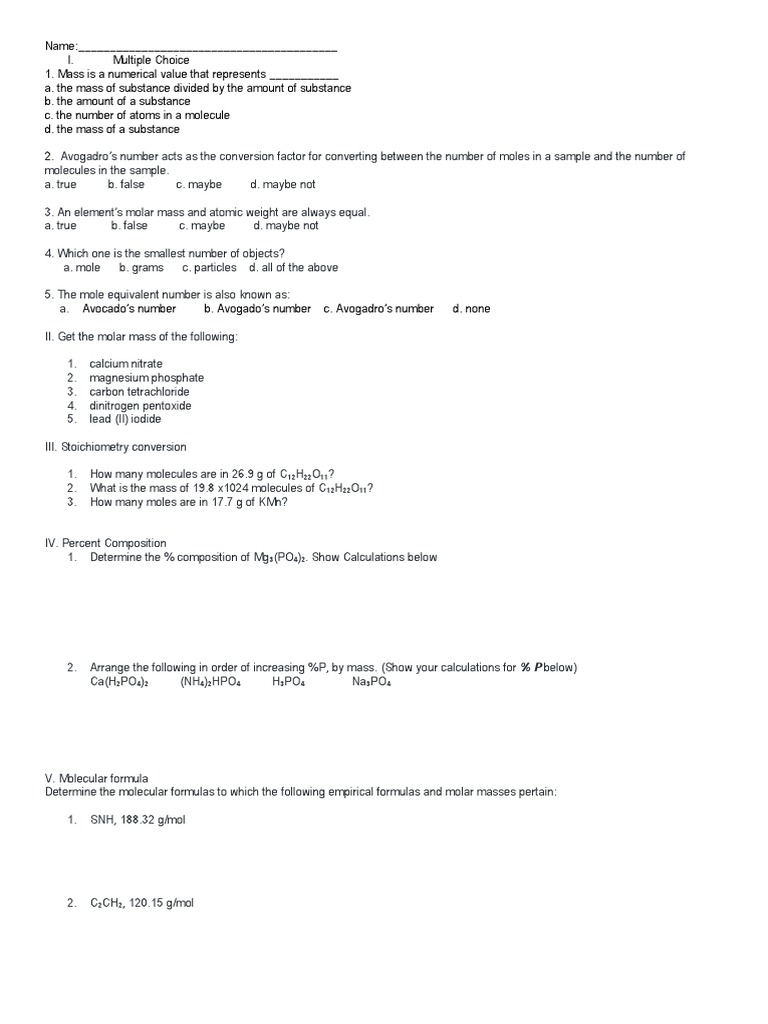 Mass, Moles, Molar Mass Multiple Choice Quiz | PDF