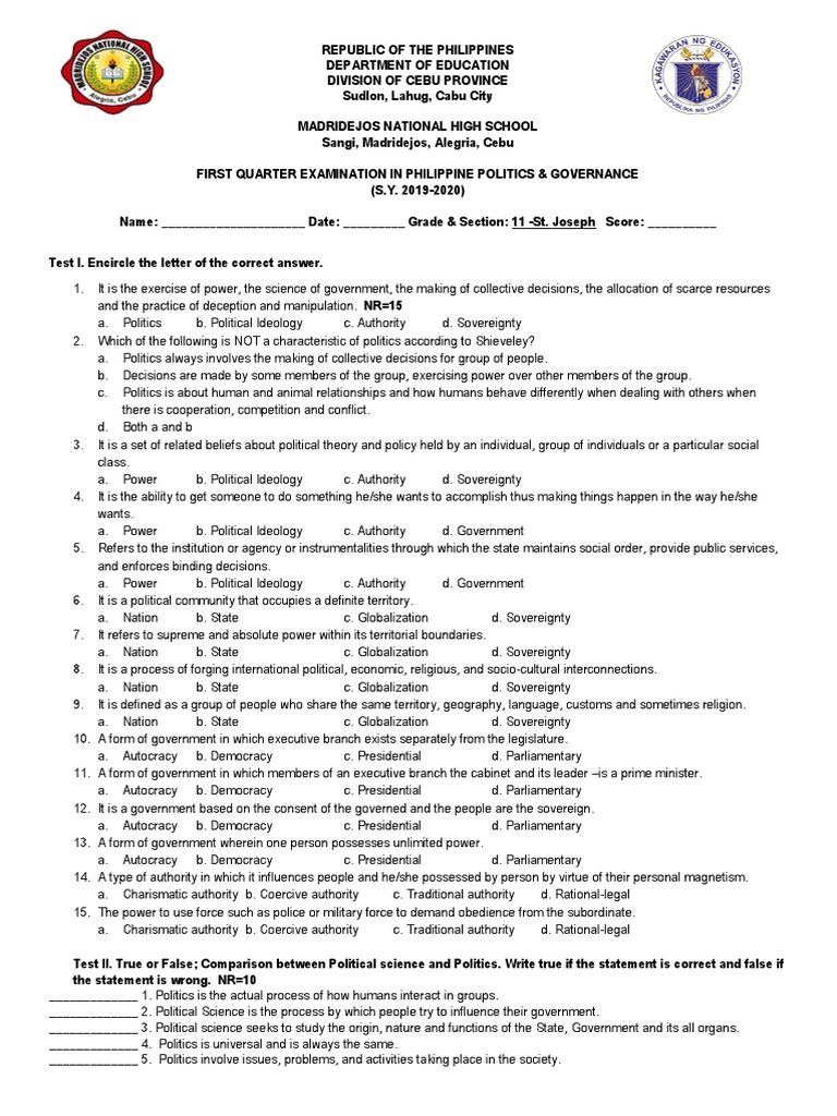 Philippine Politics Exam | PDF | Sovereignty | State (Polity)