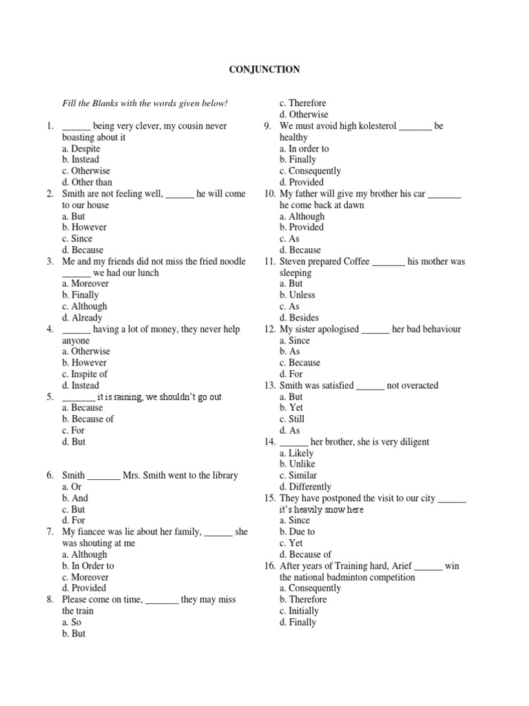 Fill The Blanks With The Words Given Below!: Conjunction | PDF