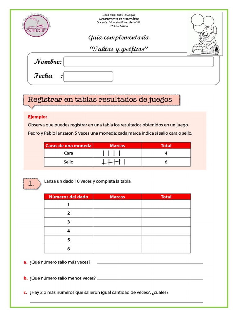Guía complementaria 1° Básico 2019 Tablas y graficos | PDF