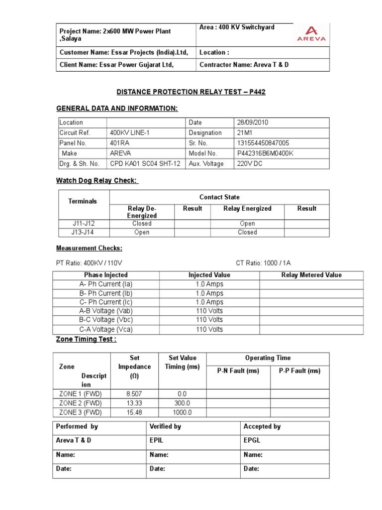 Distance Protection Relay Test - P442 General Data and Information ...