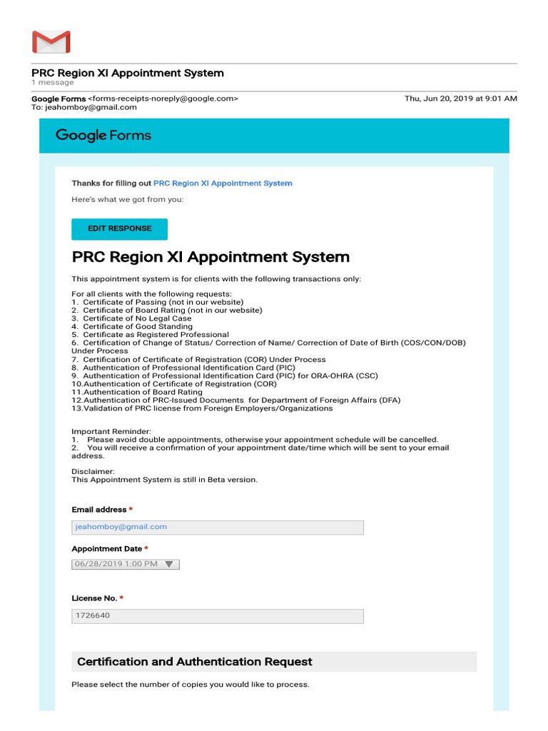 Gmail - PRC Region XI Appointment System | PDF | Identity Document ...