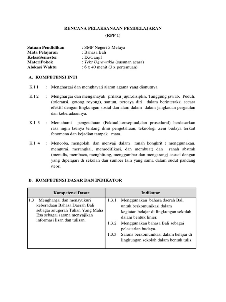 RPP Bahasa Bali: Teks Ugrawakia SMP | PDF