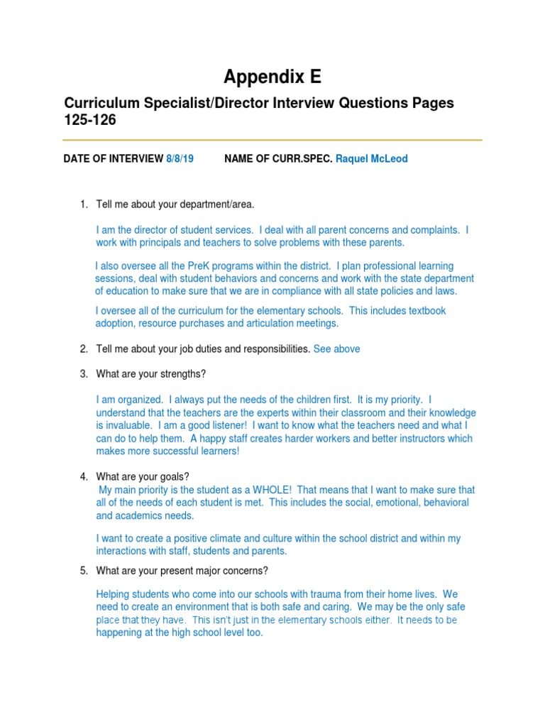 Appendix E: Curriculum Specialist/Director Interview Questions Pages 125-126 | Download Free PDF ...