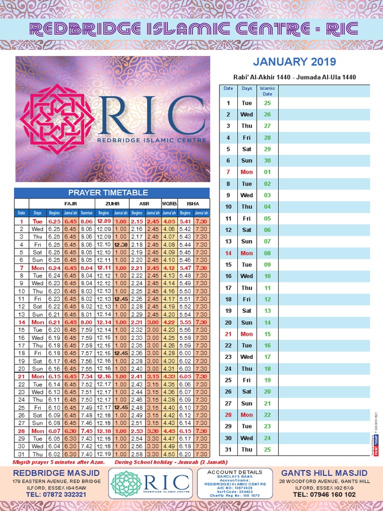 Redbridge Islamic Centre Prayer Timetable | PDF | Islamic Jurisprudence ...