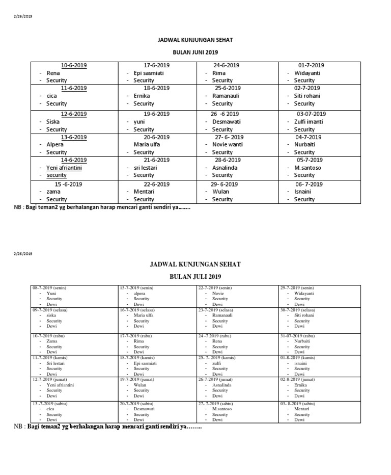 Jadwal Kunjungan Sehat | PDF