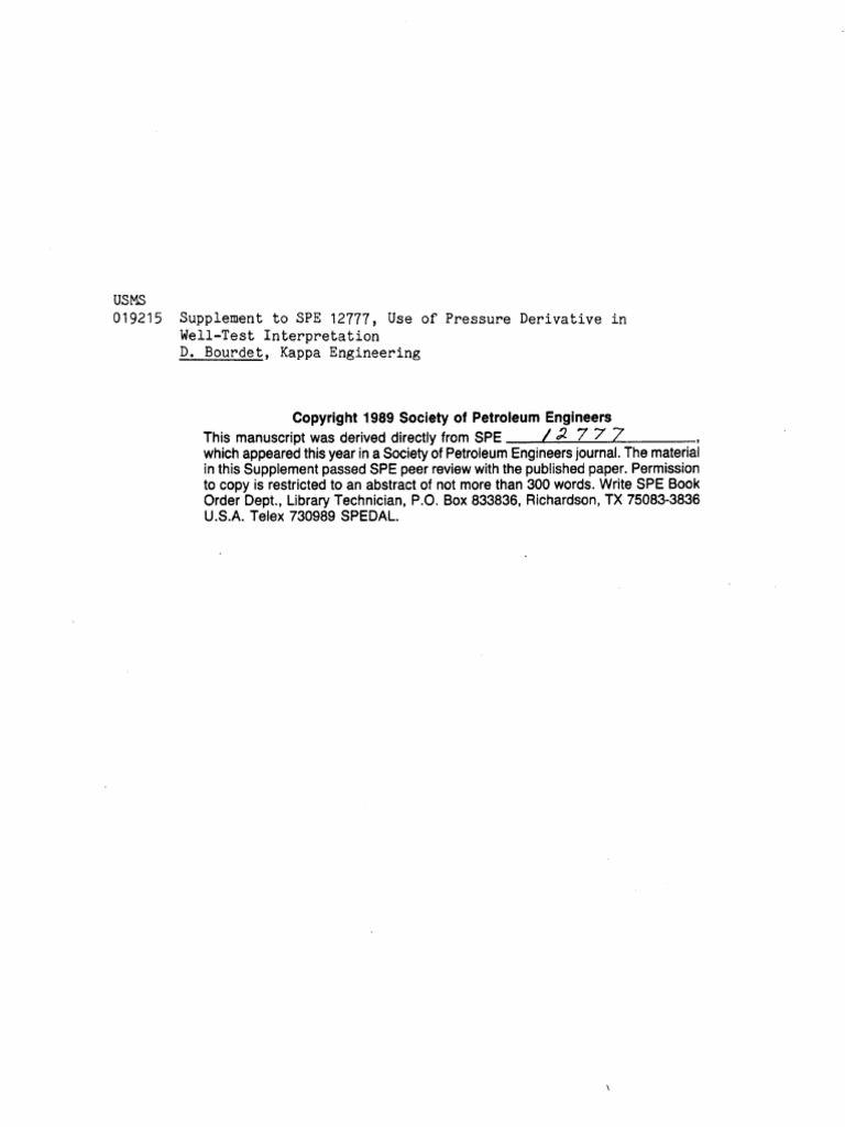 Usms 019215 Supplement To SPE 12777, Use of Pressure Derivative in Well ...