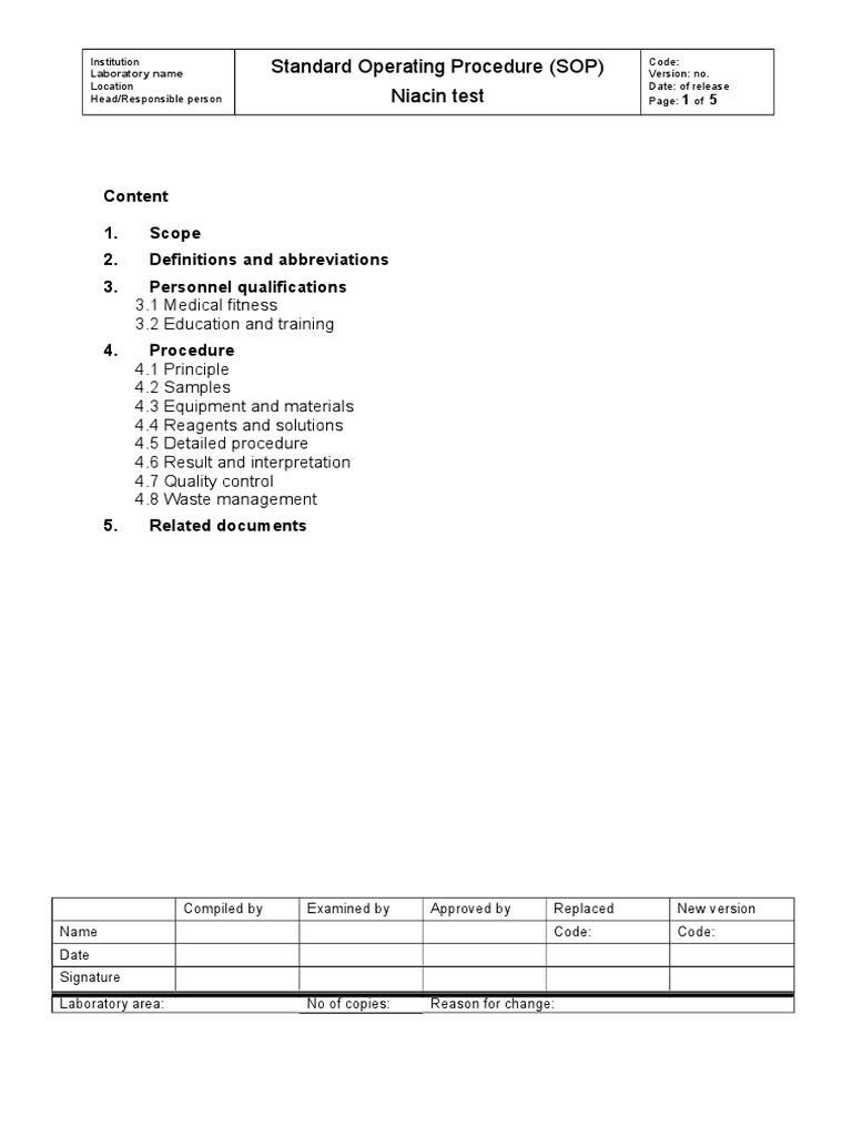 Standard Operating Procedure (SOP) Niacin Test | PDF | Laboratories ...