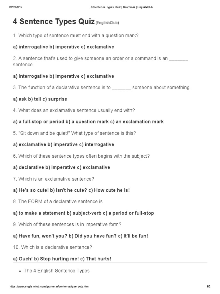 4 Types of Sentences Quiz | PDF | Language Arts & Discipline