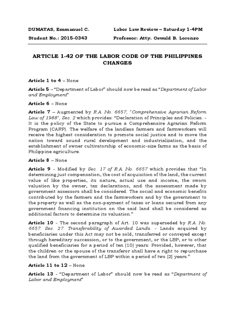 Article 1-42 of The Labor Code of The Philippines Changes: and ...