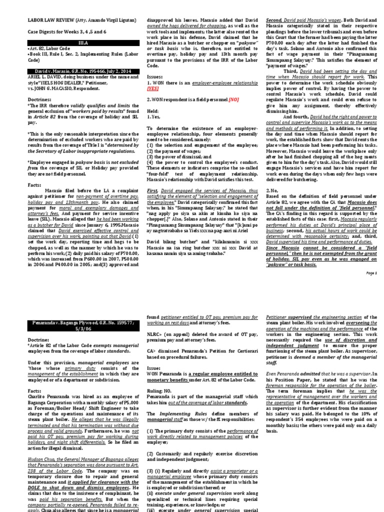 Week 3 Case Digests Page 57 | PDF | Overtime | Employment