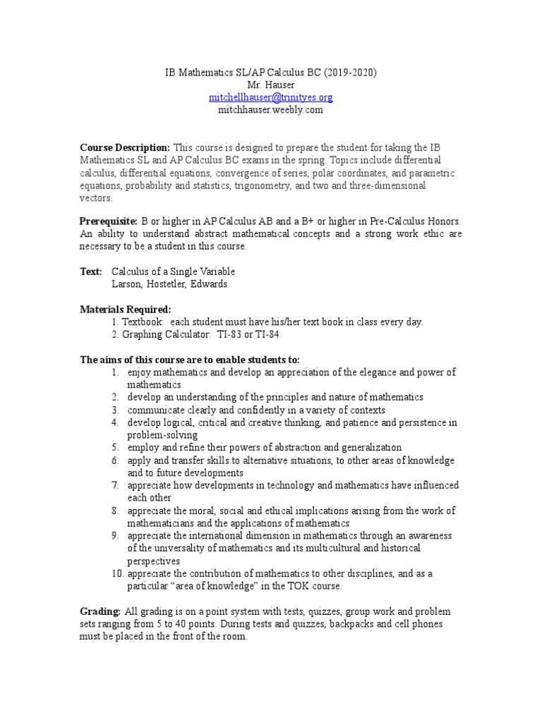 BC Calculus Syllabus 2019-2020 | PDF | Teaching Mathematics | Test ...