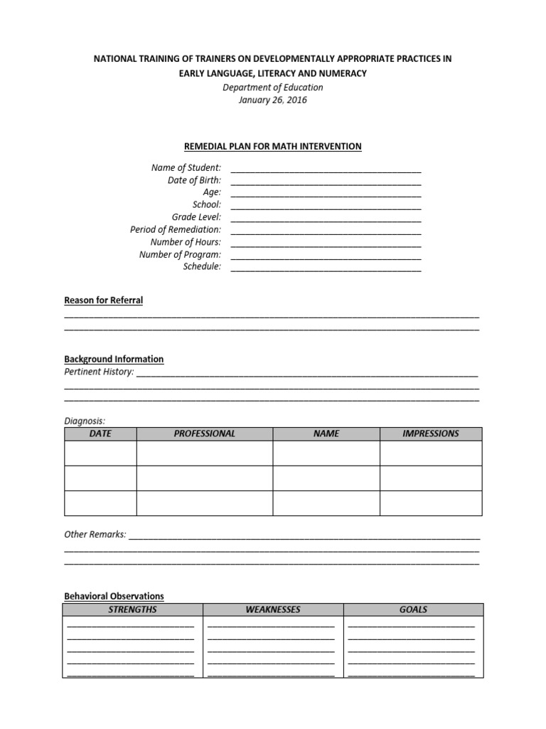 Remedial Plan Template | PDF | Memory | Behavioural Sciences