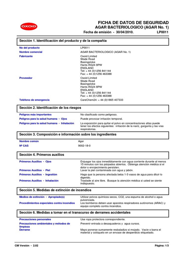 Agar Bacteriologico (Bacto Agar) Oxoid | PDF | Seguridad y salud ...