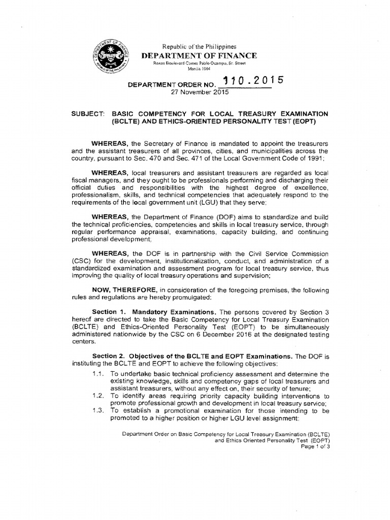 Mandatory Examinations for Local Treasury Officers: Department Order on ...