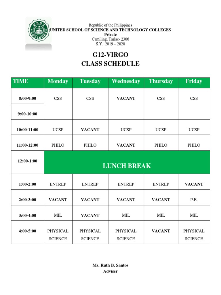 G12-VIRGO Class Schedule: Time Monday Tuesday Wednesday Thursday Friday | PDF