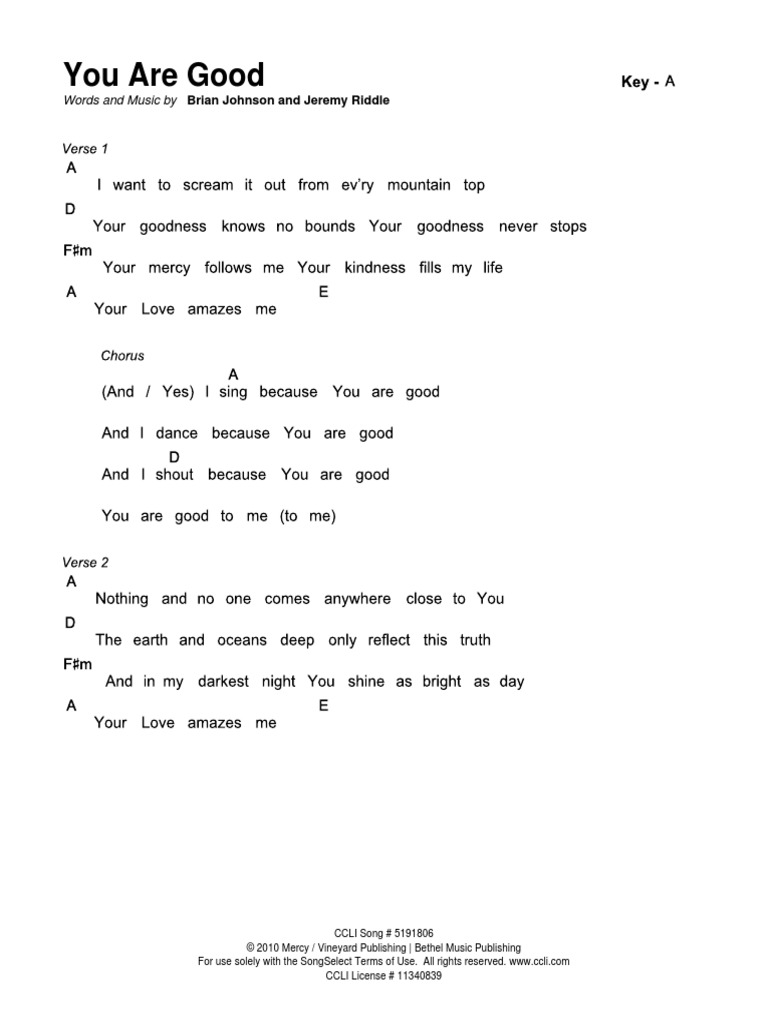 You Are Good lyrics and chords by Brian Johnson | PDF