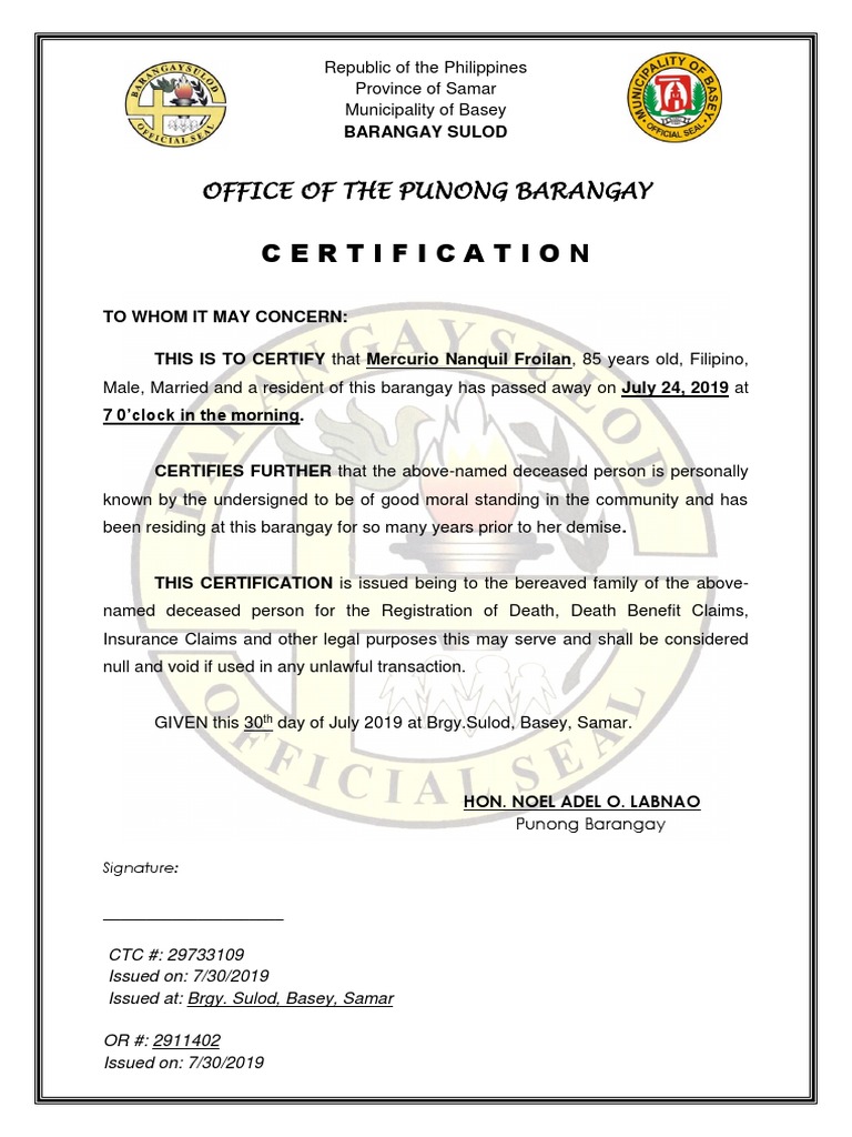 Certification: Office of The Punong Barangay | PDF