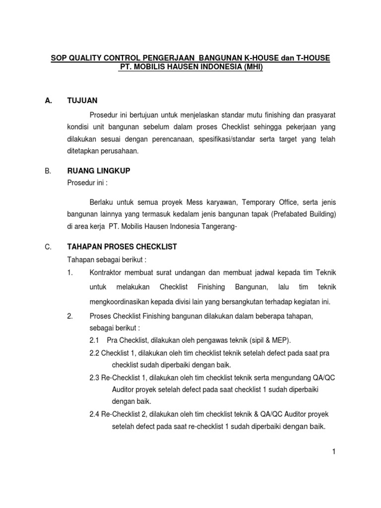 Sop Quality Control Pengerjaan Bangunan Download | PDF
