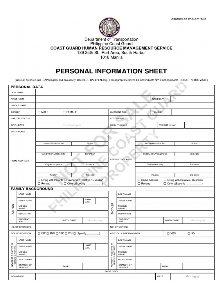 Personal Information Sheet 2017 | PDF