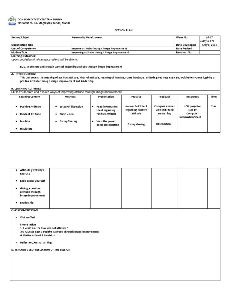 Personality Development Session Plan | PDF | Education Theory | Teaching