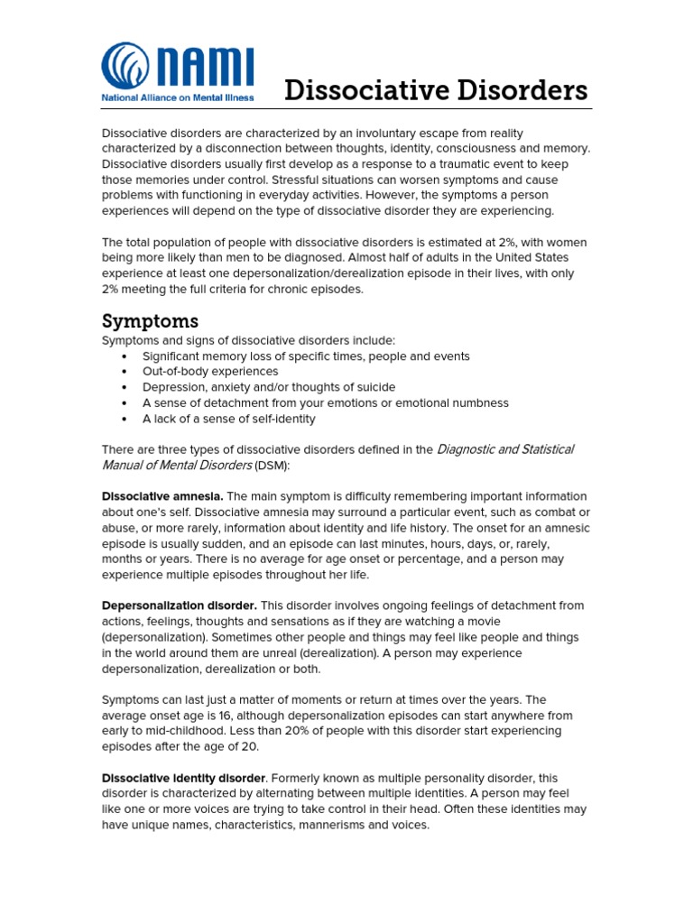 Dissociative Disorders FS | PDF | Dissociation (Psychology) | Mental ...