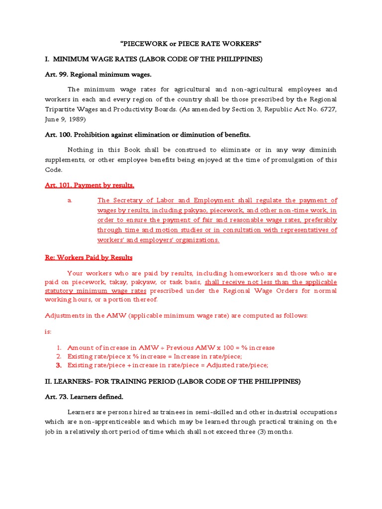 Laws For Piece Rate Workers | PDF | Piece Work | Wage