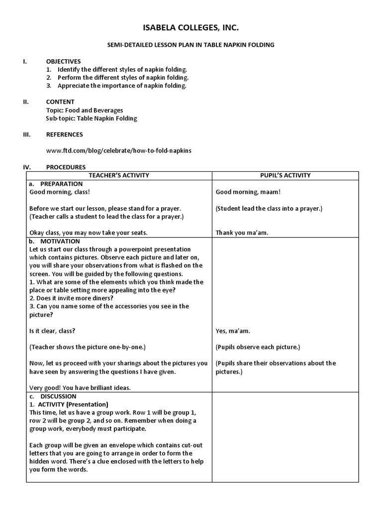 Isabela Colleges, Inc.: Semi-Detailed Lesson Plan in Table Napkin ...