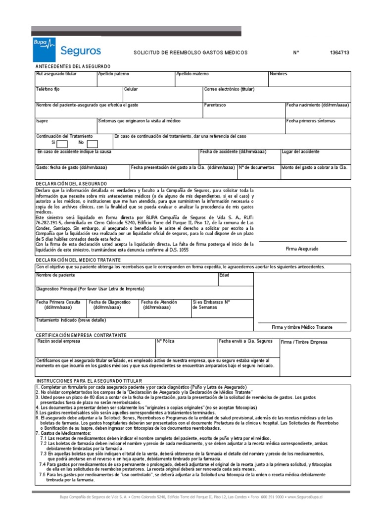 Solicitud de reembolso de gastos médicos con detalles sobre el paciente, tratamiento y ...