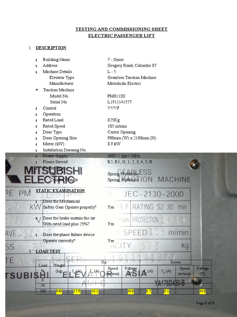 Testing Commissioning Document For Elevators | PDF | Elevator | Electricity