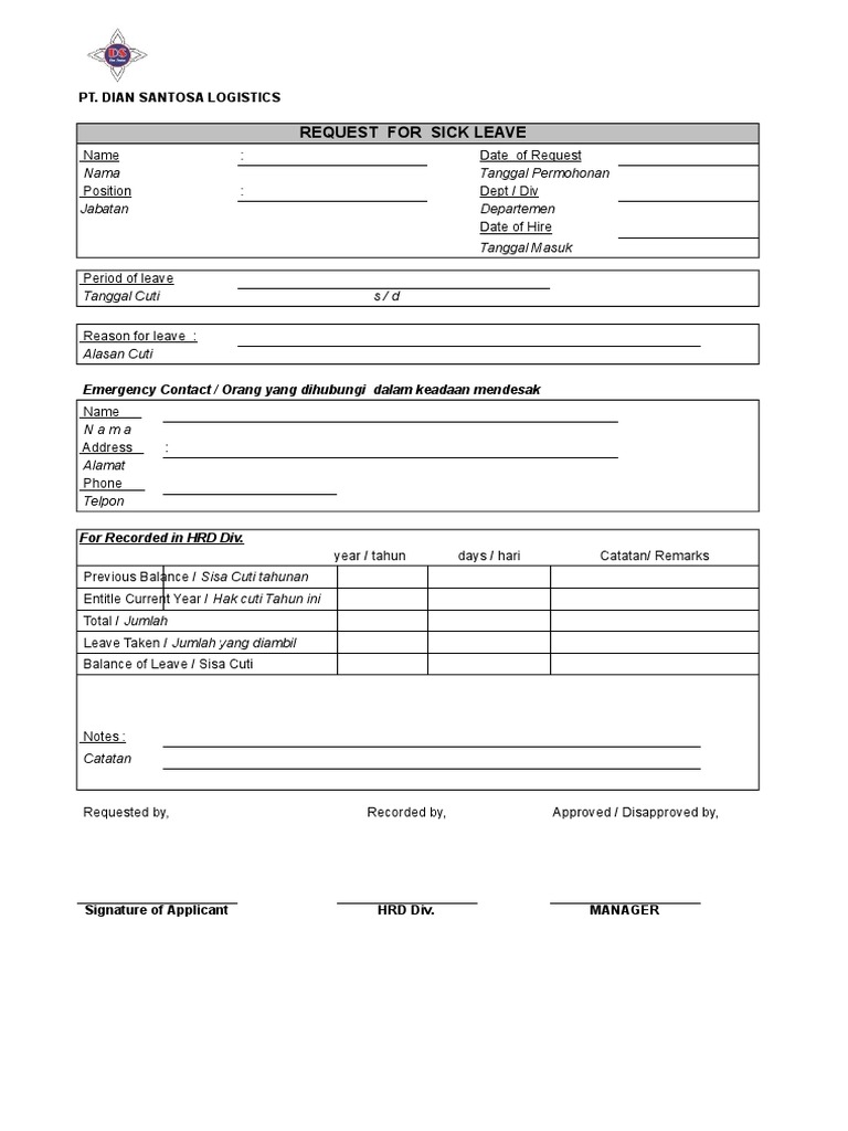 Request For Sick Leave: Nama Tanggal Permohonan Jabatan Departemen ...