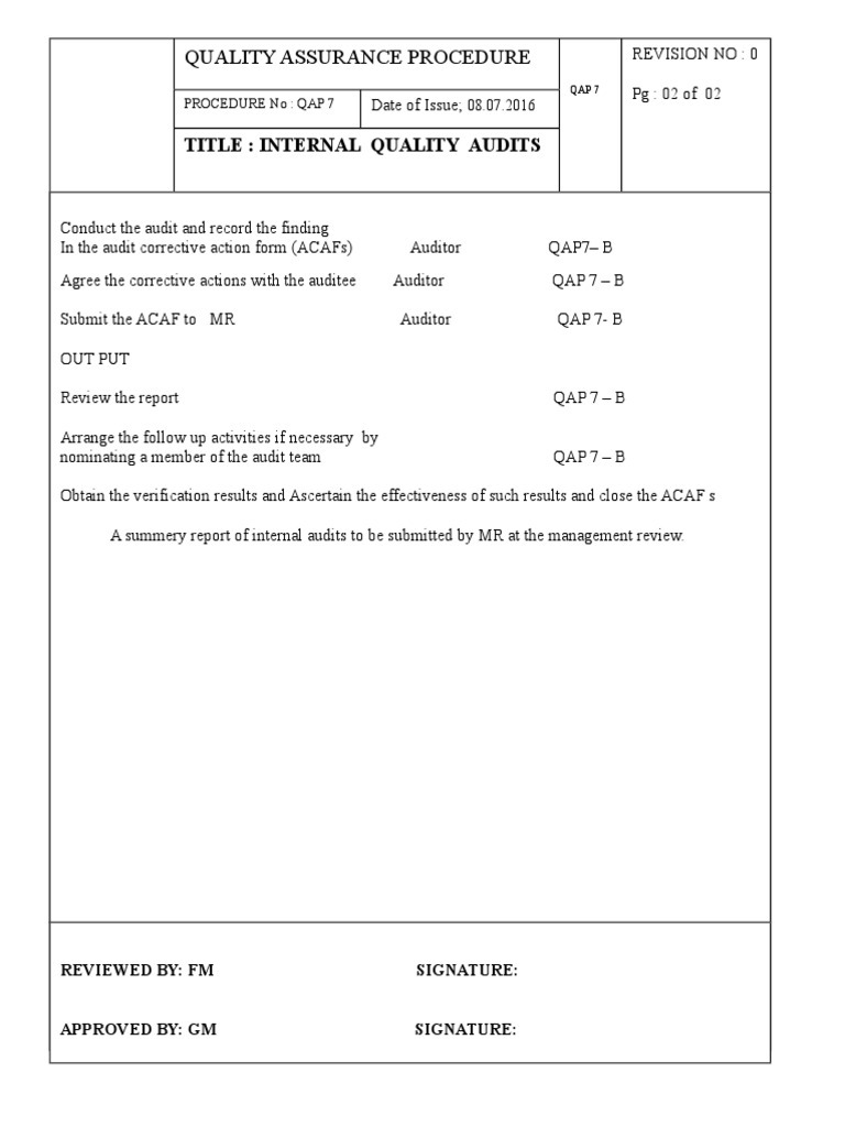 Internal Quality Audits Procedure | PDF
