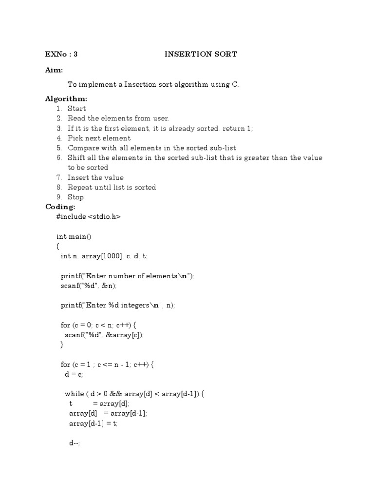 Exno 3 Insertion Sort Aim Pdf Array Data Structure Integer Computer Science 8597