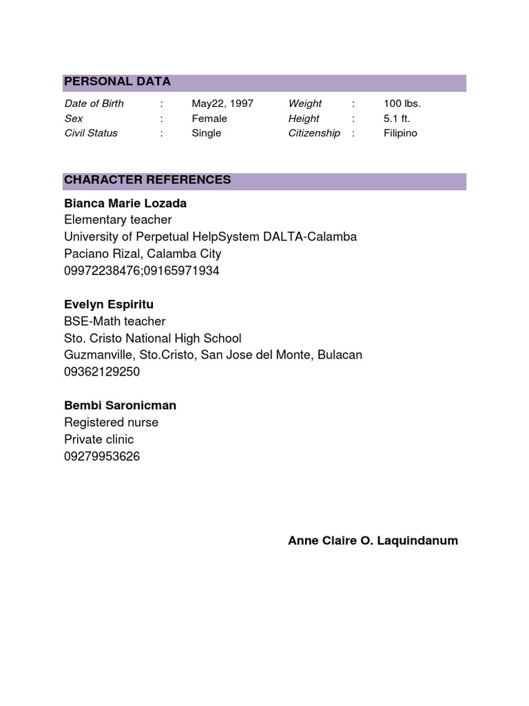 Personal Data and References | PDF